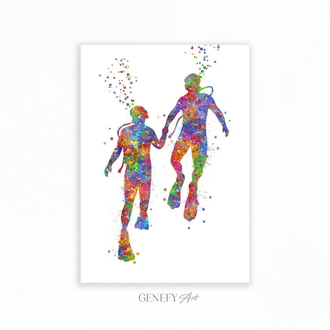Male Scuba Divers Watercolor Print - Scuba Diving Poster - Underwater ...