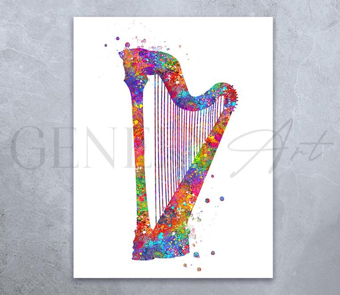 Harp Watercolour Art Print - Harp Music Instrument Watercolour Art ...