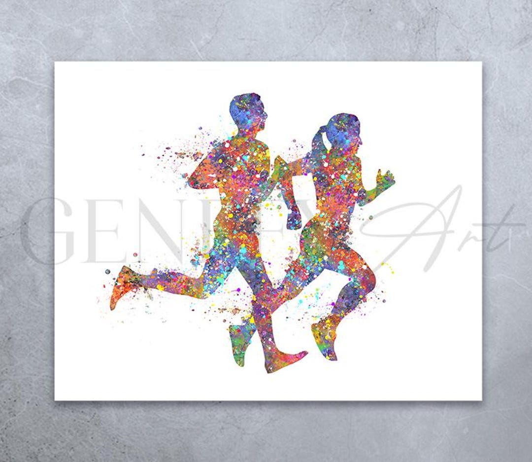 Couple Running Watercolor Print: Marathon Runners Poster - Etsy