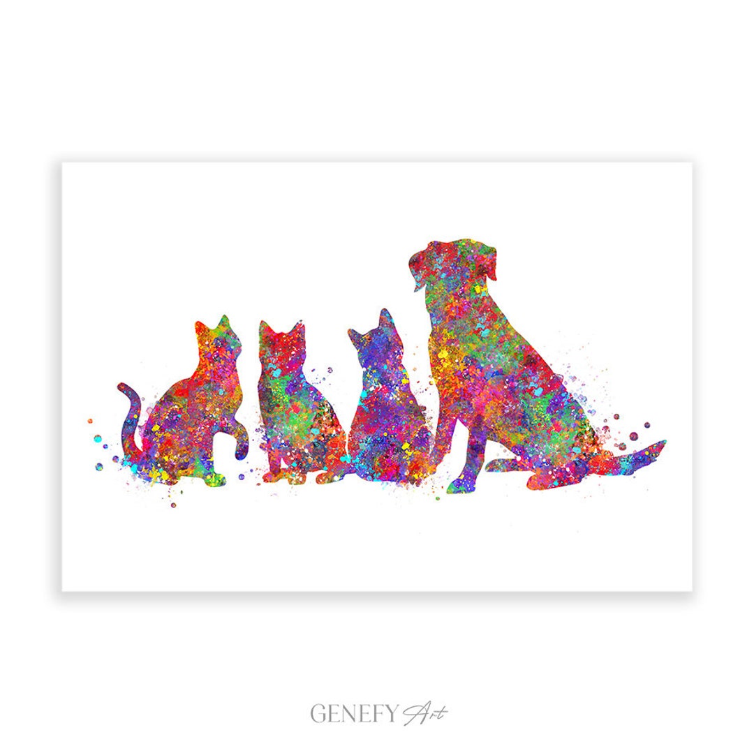 Labrador and Cats Watercolour Art Print Dog and Cat Prints Labrador ...