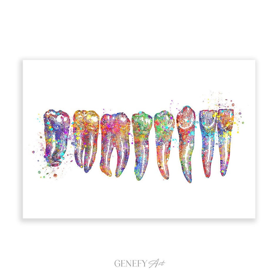 Human Teeth Watercolor Art Print, Teeth Row Poster, Molars and Incisors ...