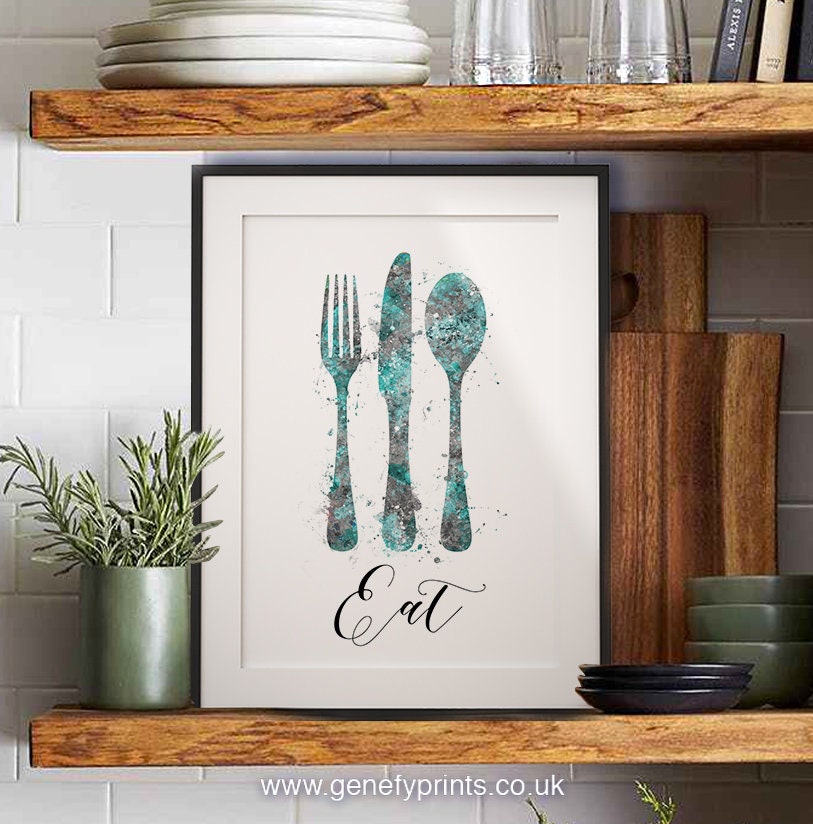 Kitchen Dining Watercolor Print Set of 3 Teal Kitchen Prints | Etsy