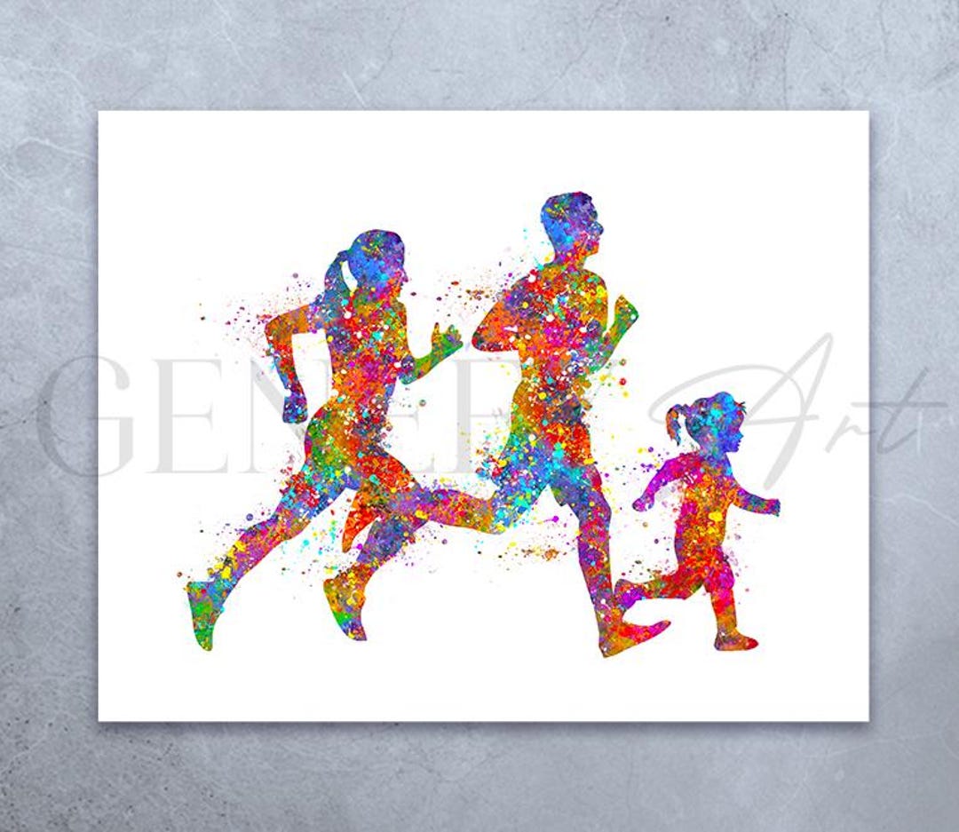 Family of 3 Running Watercolour Print - Family Poster - Runner Prints ...