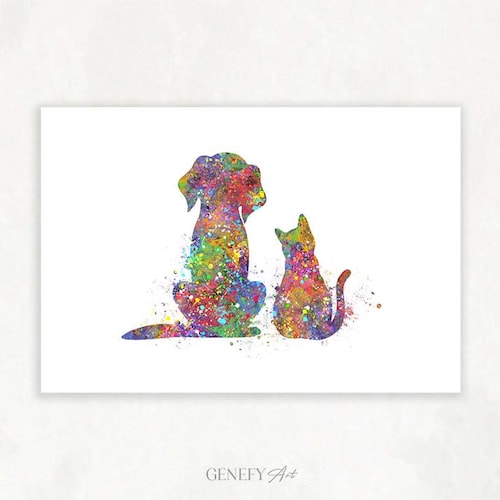 Cat and Dog Watercolor Print Cat and Dog Poster Cat and - Etsy