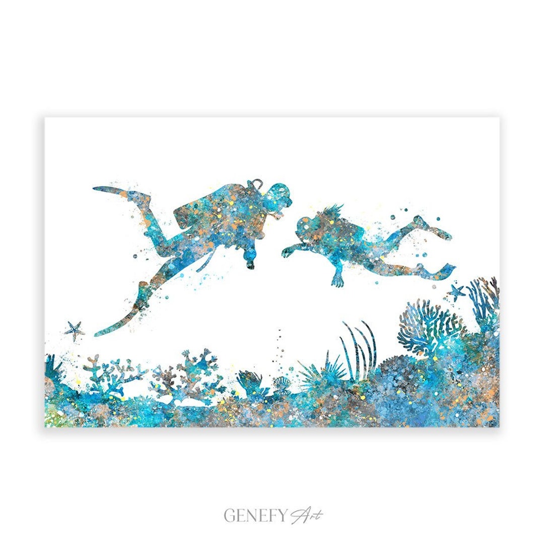 Scuba Diving Father and Daughter Watercolor Print Scuba Diving Poster ...