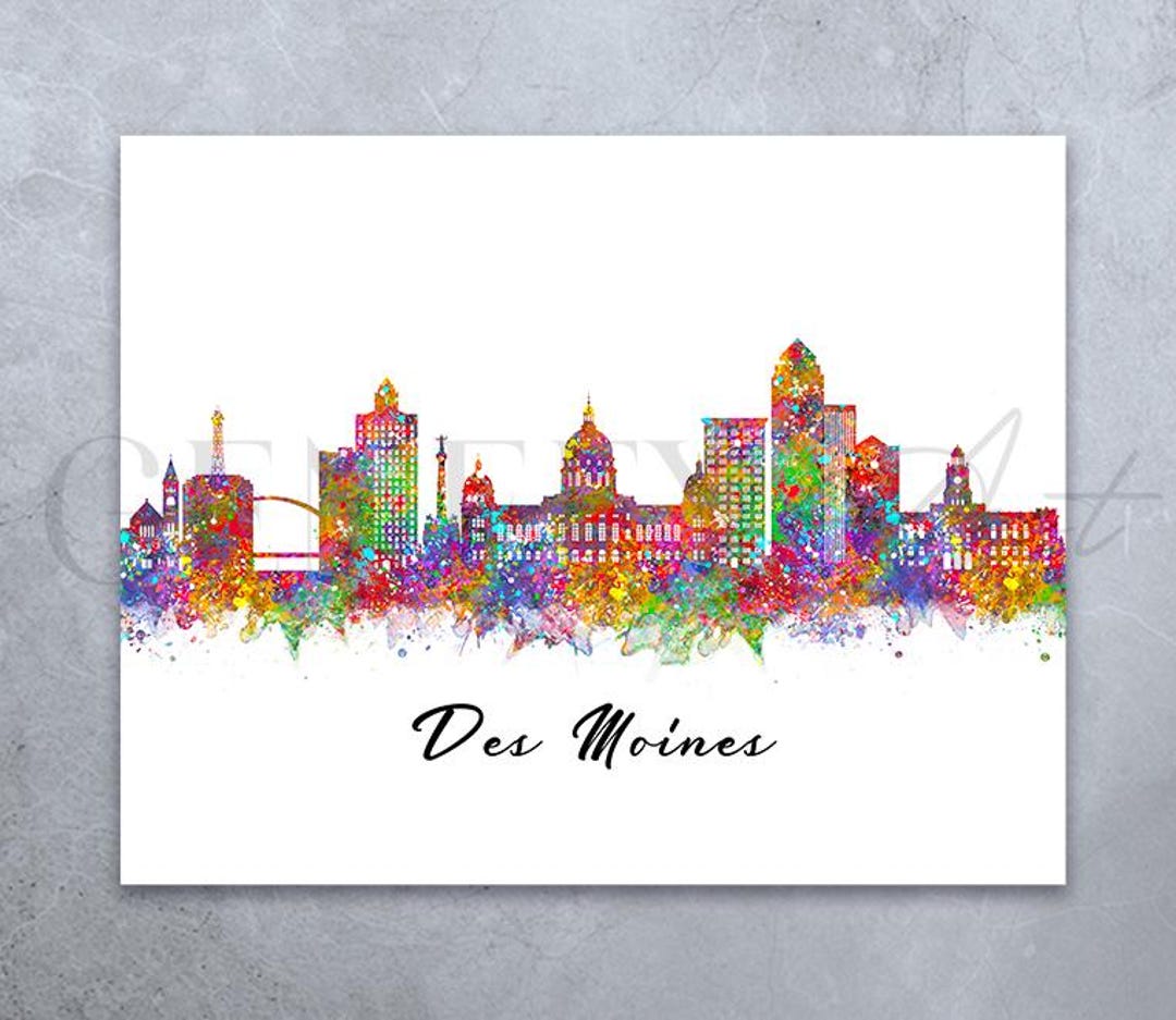 Des Moines Skyline Watercolour Art Print - Des Moines Cityscape Print ...