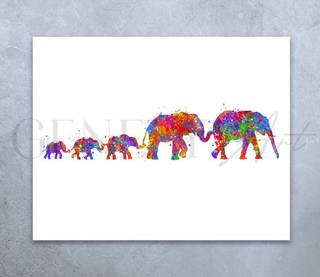 Elephant Family Watercolor Art Print: Family of 5 - Etsy