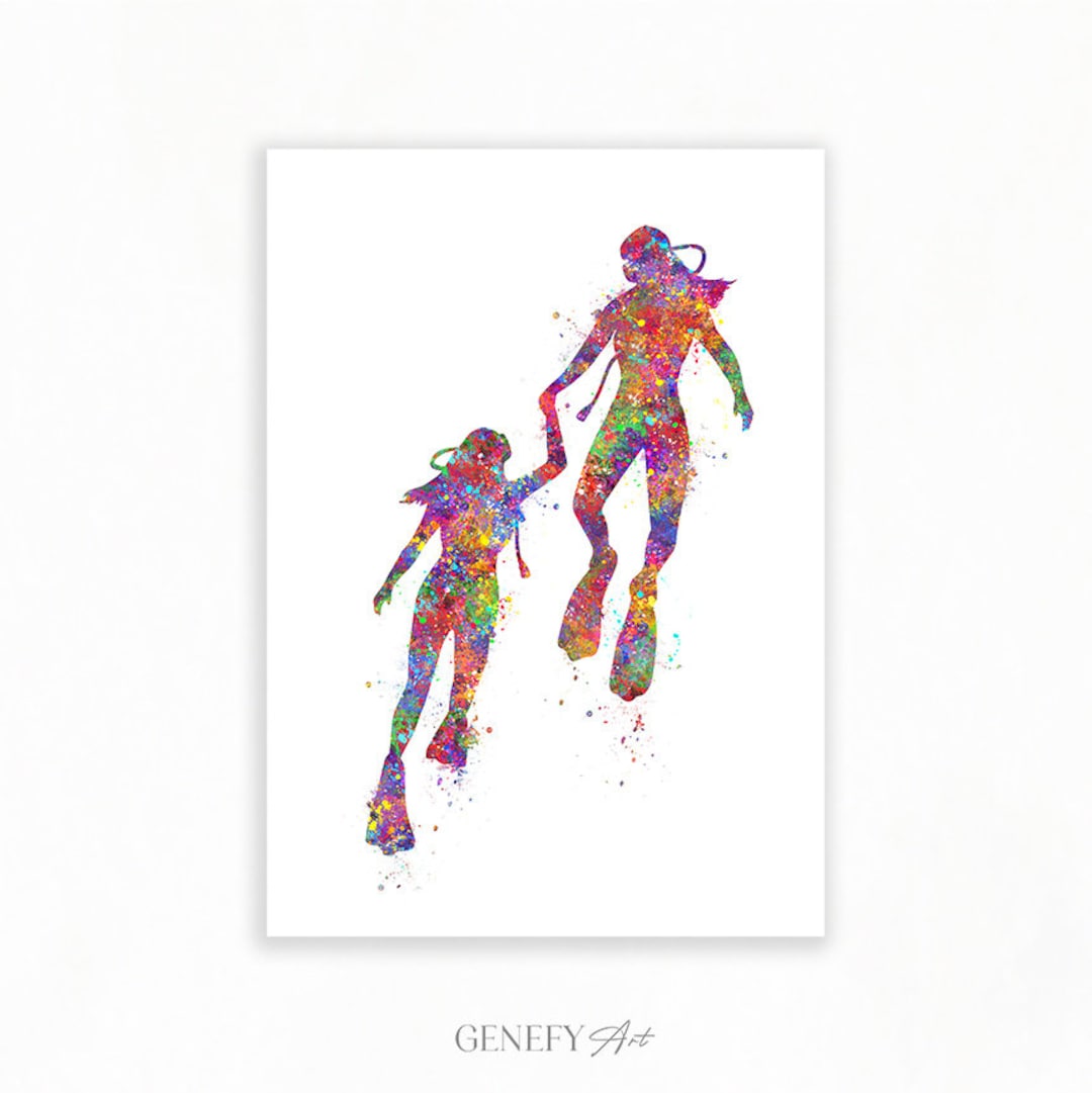 Female Scuba Divers Watercolor Print - Scuba Diving Poster - Underwater ...
