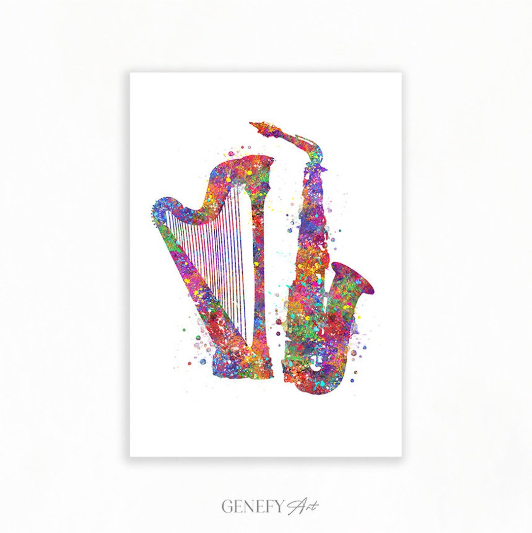 Saxophone and Harp Watercolour Art Print - Music Instrument Watercolour ...