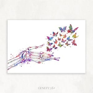 Skeleton Hand Releasing Butterflies Watercolour Art Print Skeleton Hand ...