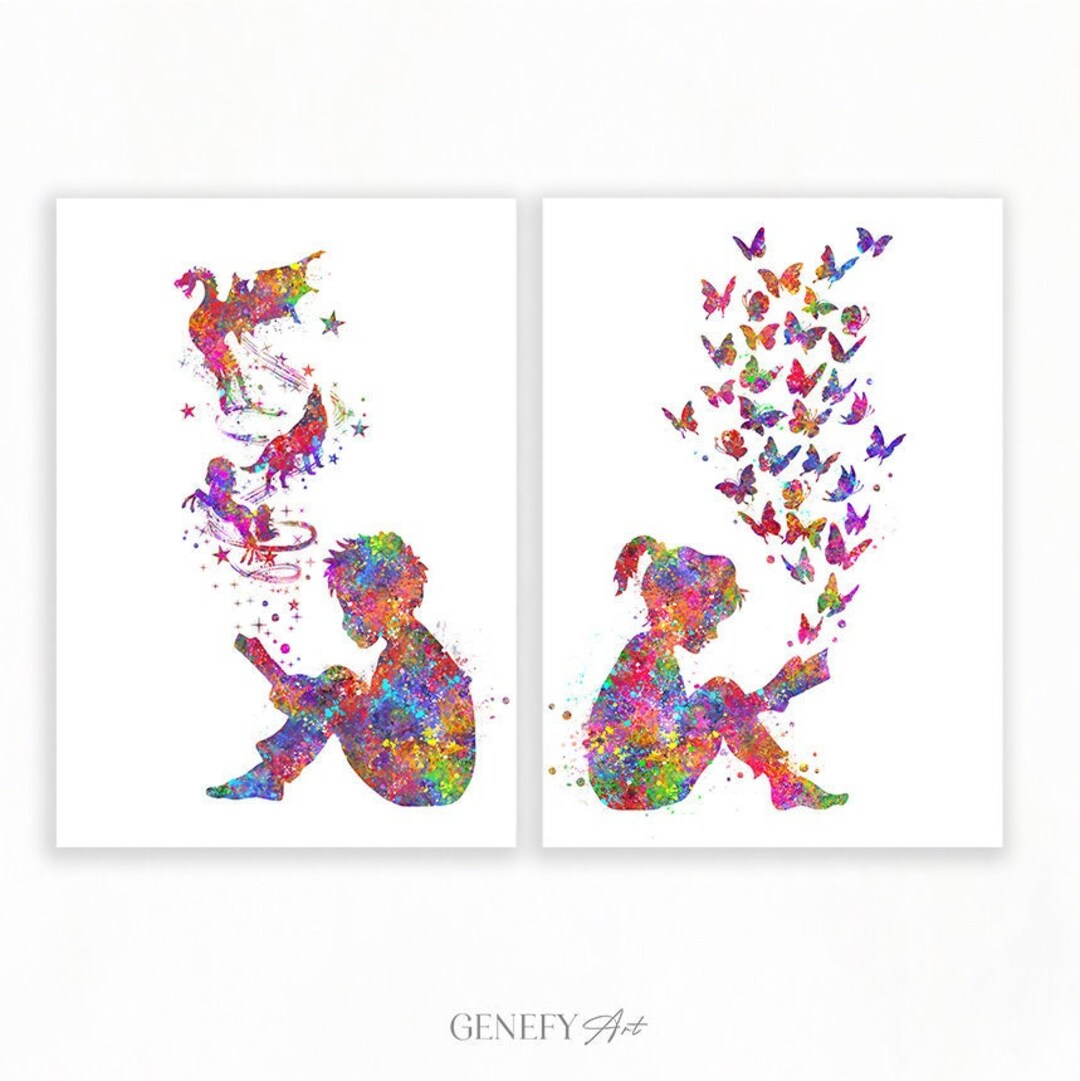 Boy and Girl Reading Book Watercolour Print - Set of 2 Prints - Reading ...