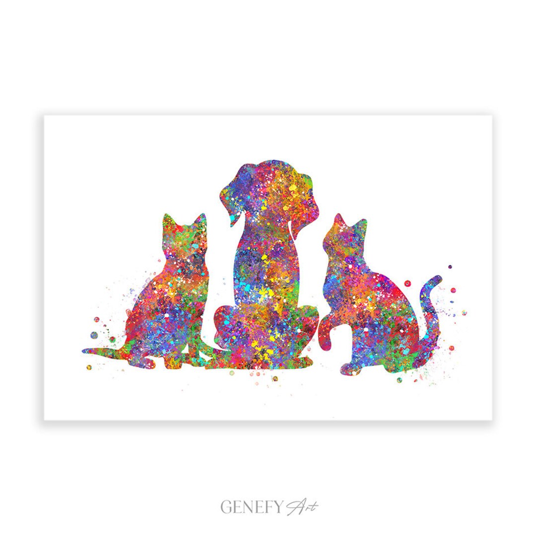 Cat and Dog Watercolor Print Cat and Dog Poster Cat and Dog Print Cat ...