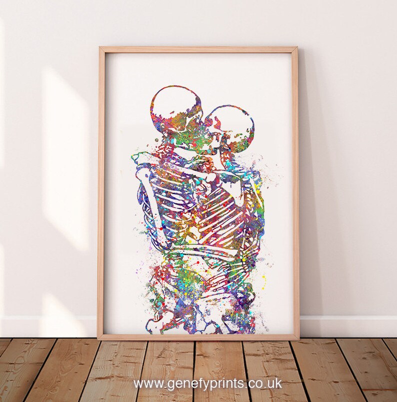 Skeleton Kissing Watercolor Art Print Skeleton Art Skeleton Etsy
