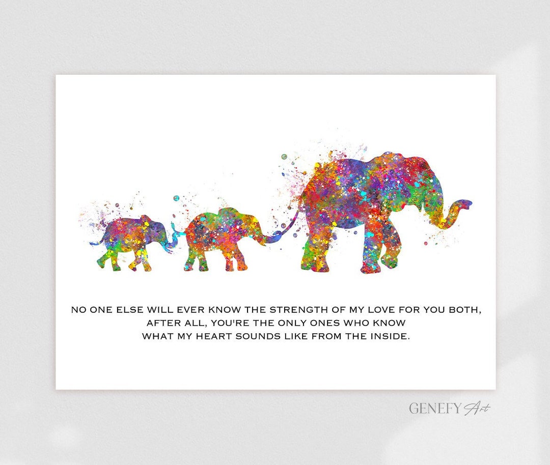 Baby Elephants and Mother Elephant Watercolor Print Motherhood Quote ...
