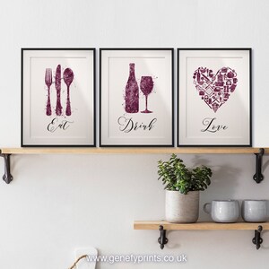 Kitchen Dining Watercolor Print Plum Kitchen Print Set of 3 Kitchen ...