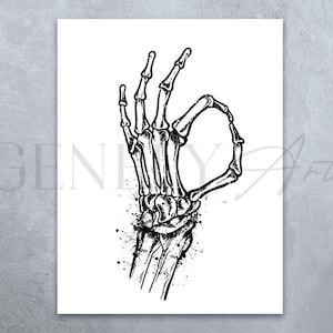OK Skeleton Hand Black and White Watercolour Art Print - OK Skeleton ...