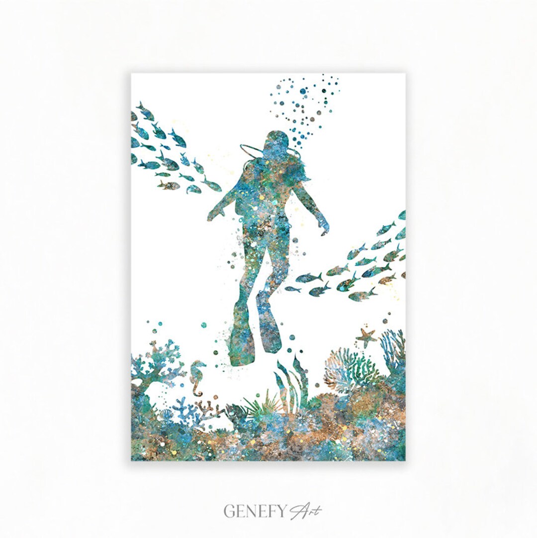 Scuba Diving Watercolour Print Female Scuba Diver Poster Underwater ...