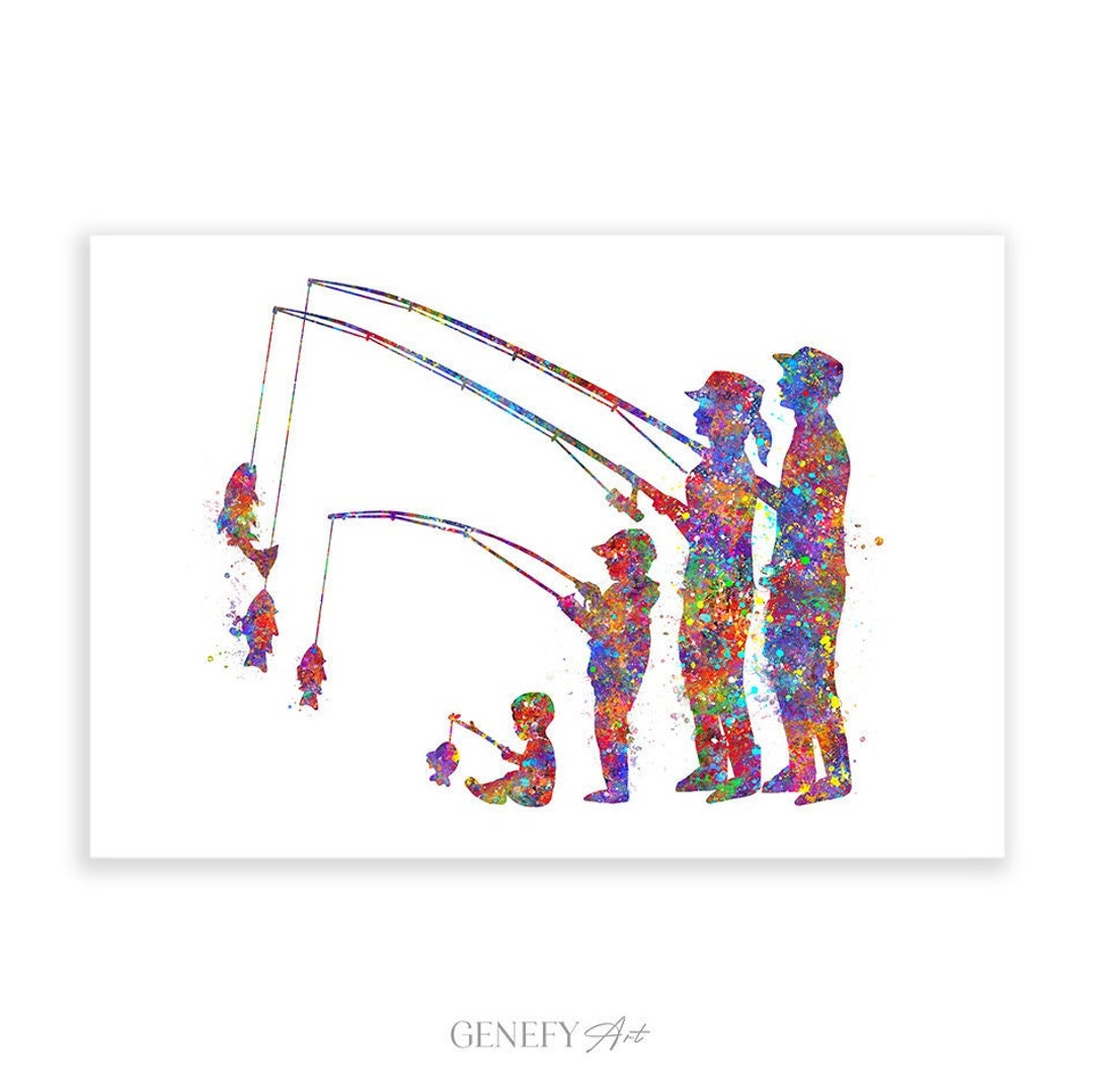 Fishing Family of 4 Watercolour Art Print, Fishing Family Art Print ...