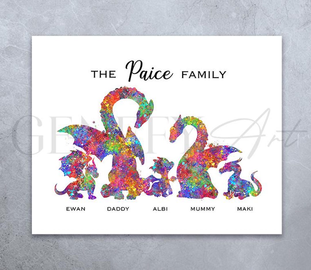 Personalized Dragon Family Watercolor Print - Family Portrait Poster - Etsy