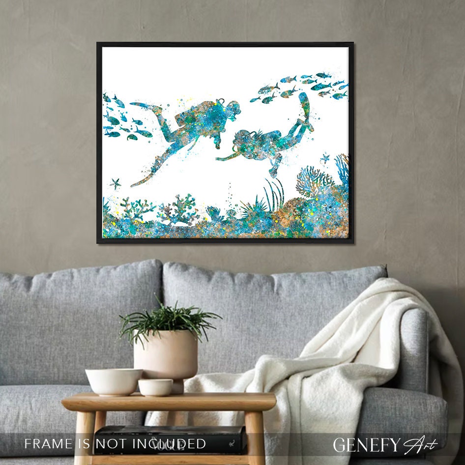 Scuba Diving Couple Watercolor Art Print: Underwater Sports Poster - Etsy