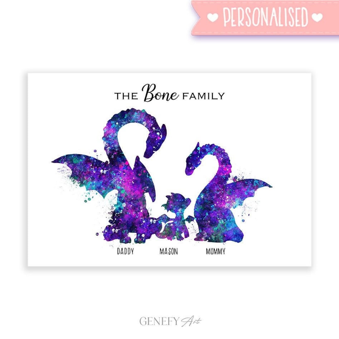 Personalised Dragon Family of 3 Watercolor Print - Dragon Family Poster ...