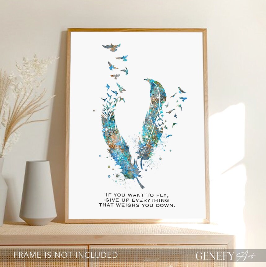 Teal Feather Watercolor Art Print: Inspirational Bird Quote - Etsy