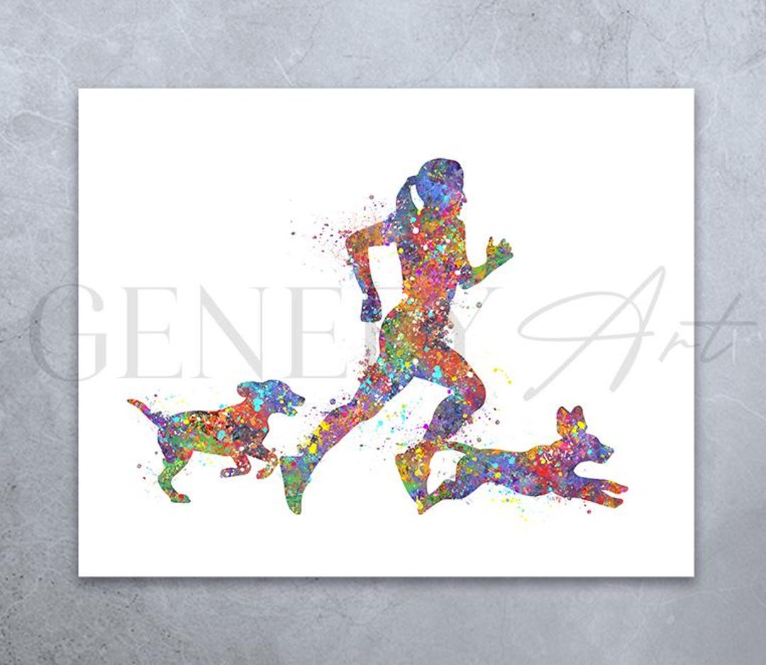 Female Runner With Pet Dogs Watercolour Print - Runner Poster - Runner ...