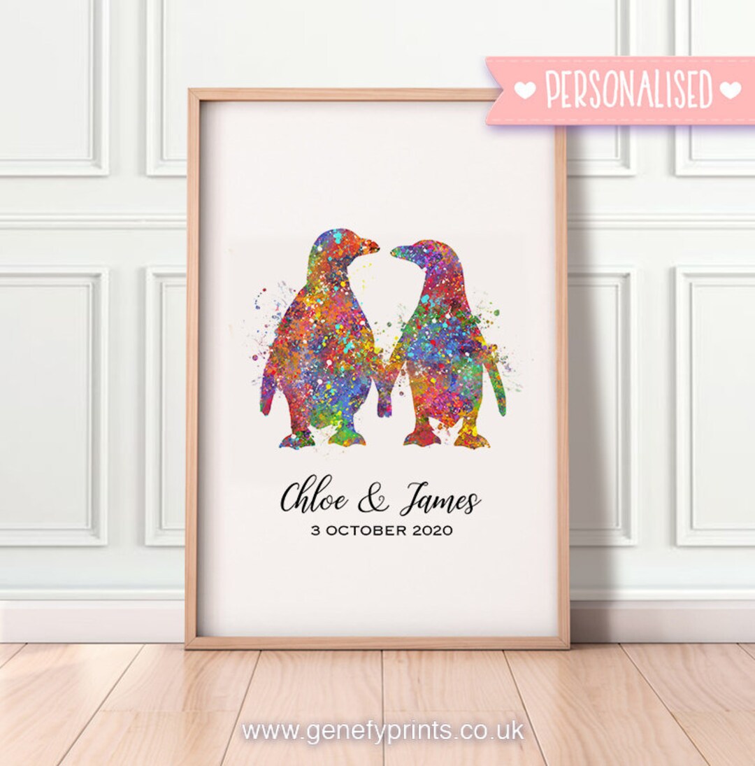 Personalised Penguin Couple Watercolor Art Print family Portrait Print ...