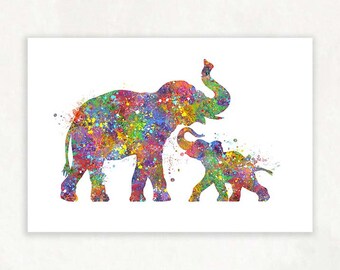 Baby Elephant and Mother Elephant Watercolor Art Print | Etsy