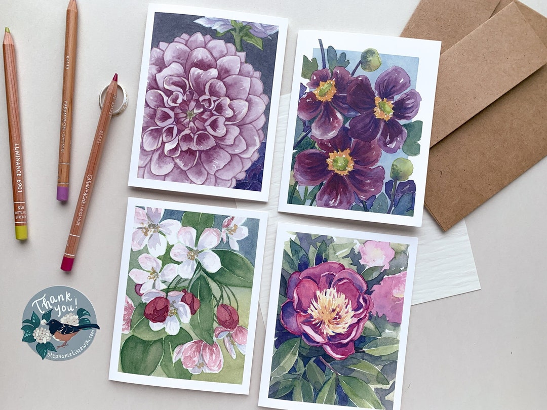 Flower Note Card Set - Watercolor Notecard Set of 4 - 4.25" X 5.5 ...