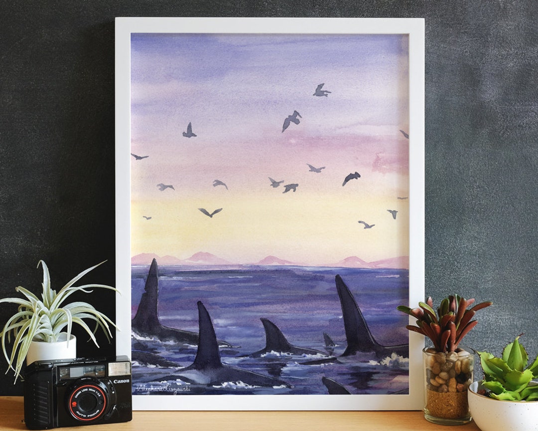 Orca Pod Sunset Watercolor Print - Giclee Art Print - 5" X 7", 8" X 10 ...