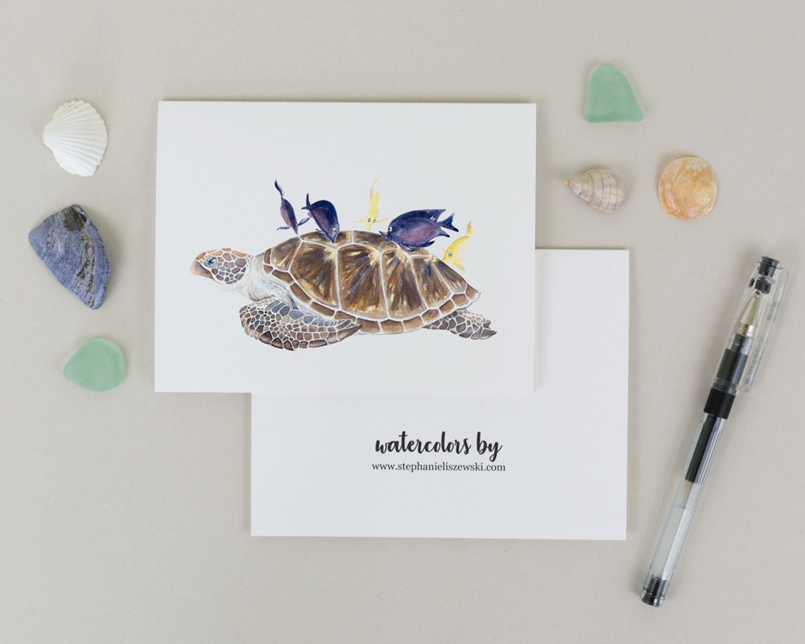 Sea Turtle Note Card Set Printed Watercolor Notecard Set of - Etsy