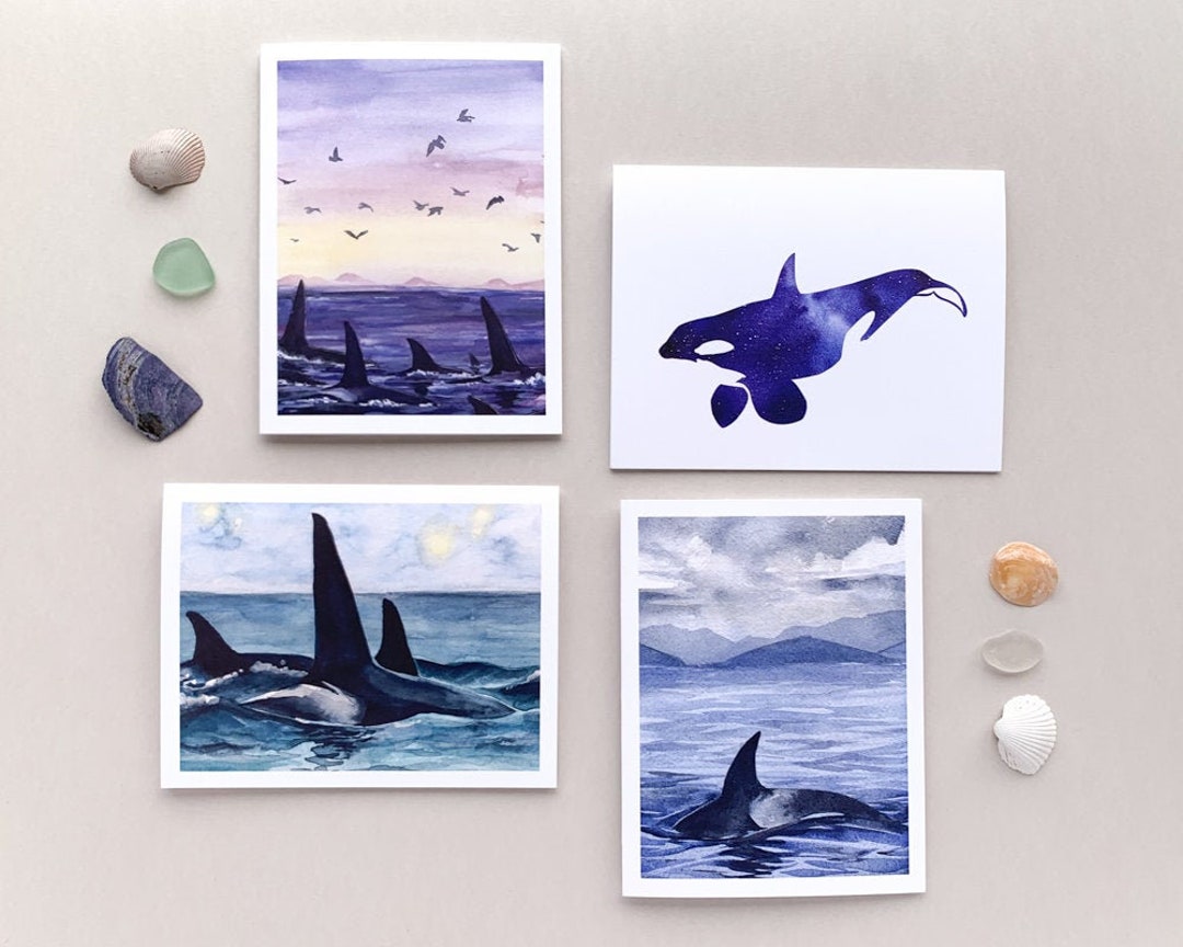 Orca Note Card Set - Printed Watercolor Notecard Set of 4 - 4.25" X 5.5 ...