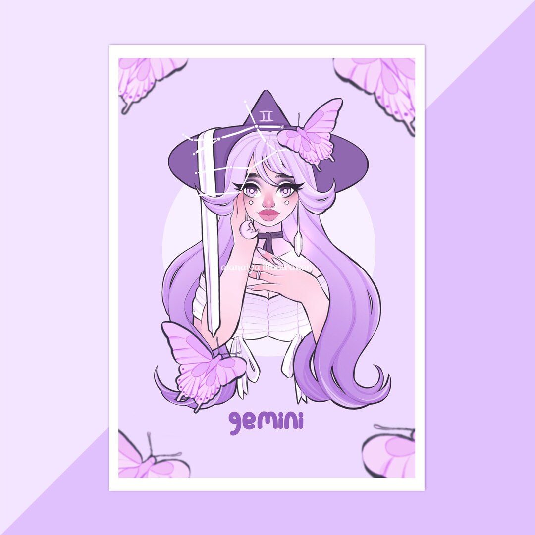 Gemini Zodiac Witch Print, Star Sign Prints, Purple Wall Art, Astrology ...