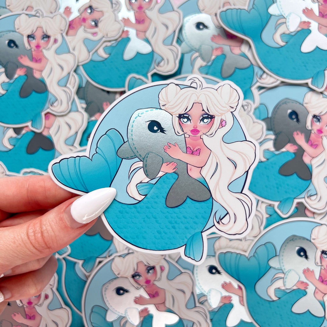 Blue Chibi and Fishy Mermaid Mirror Vinyl Sticker, Cute Sticker ...