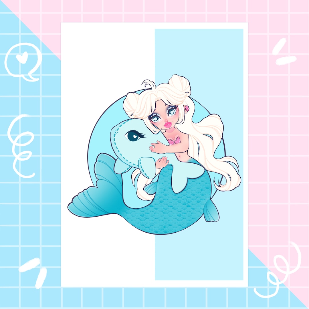 Blue Chibi Mermaid Wall Art Print, Mermaid Art, Aesthetic Cute Print ...