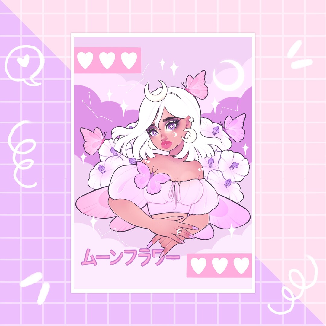 Moonflower Aesthetic Japanese Writing Fairy Wall Art Print, Cute Decor,purple Illustration ...