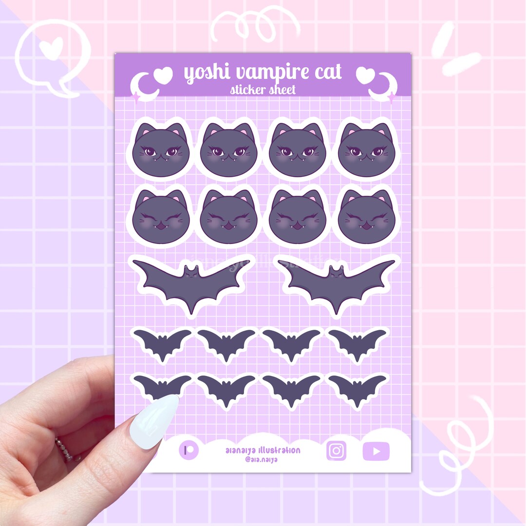 Yoshi the Vampire Cat Bat Paper Sticker Sheet, Halloween Sticker Sheet ...