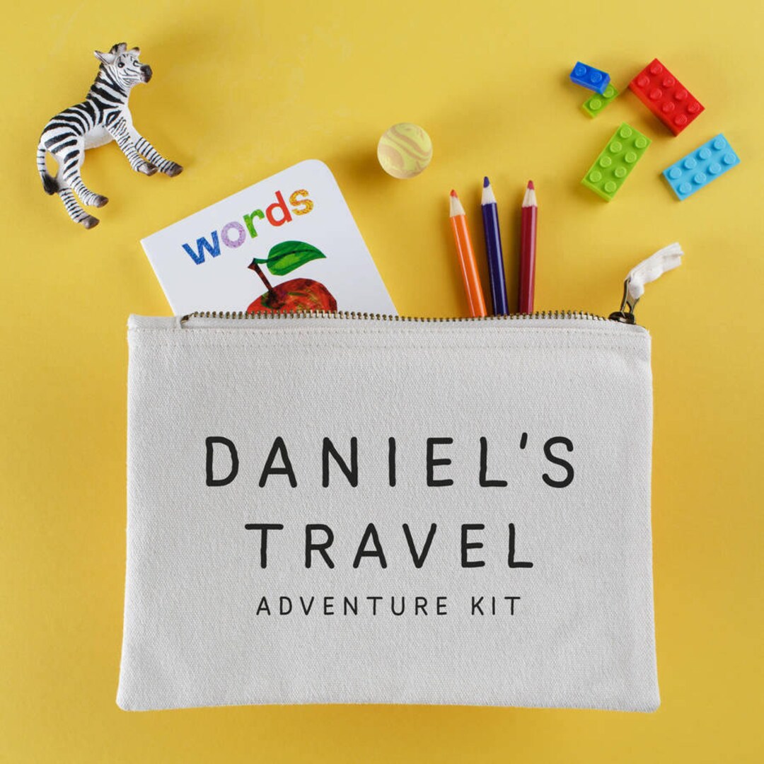 Personalised Kids Travel Kit Pouch, Bespoke Kids Travel Essentials ...