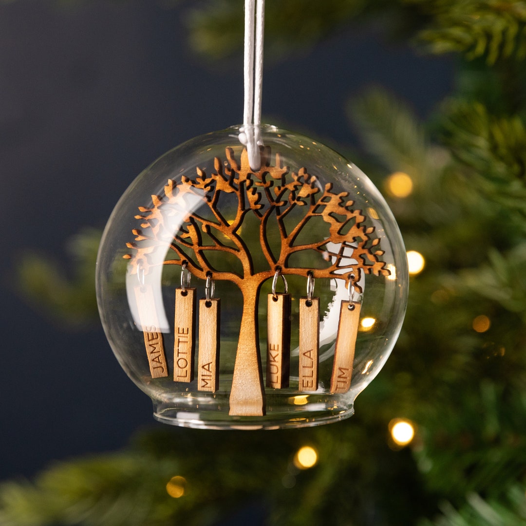 Personalised Wooden Family Tree Glass Dome Bauble, Eco Family Tree Dome ...