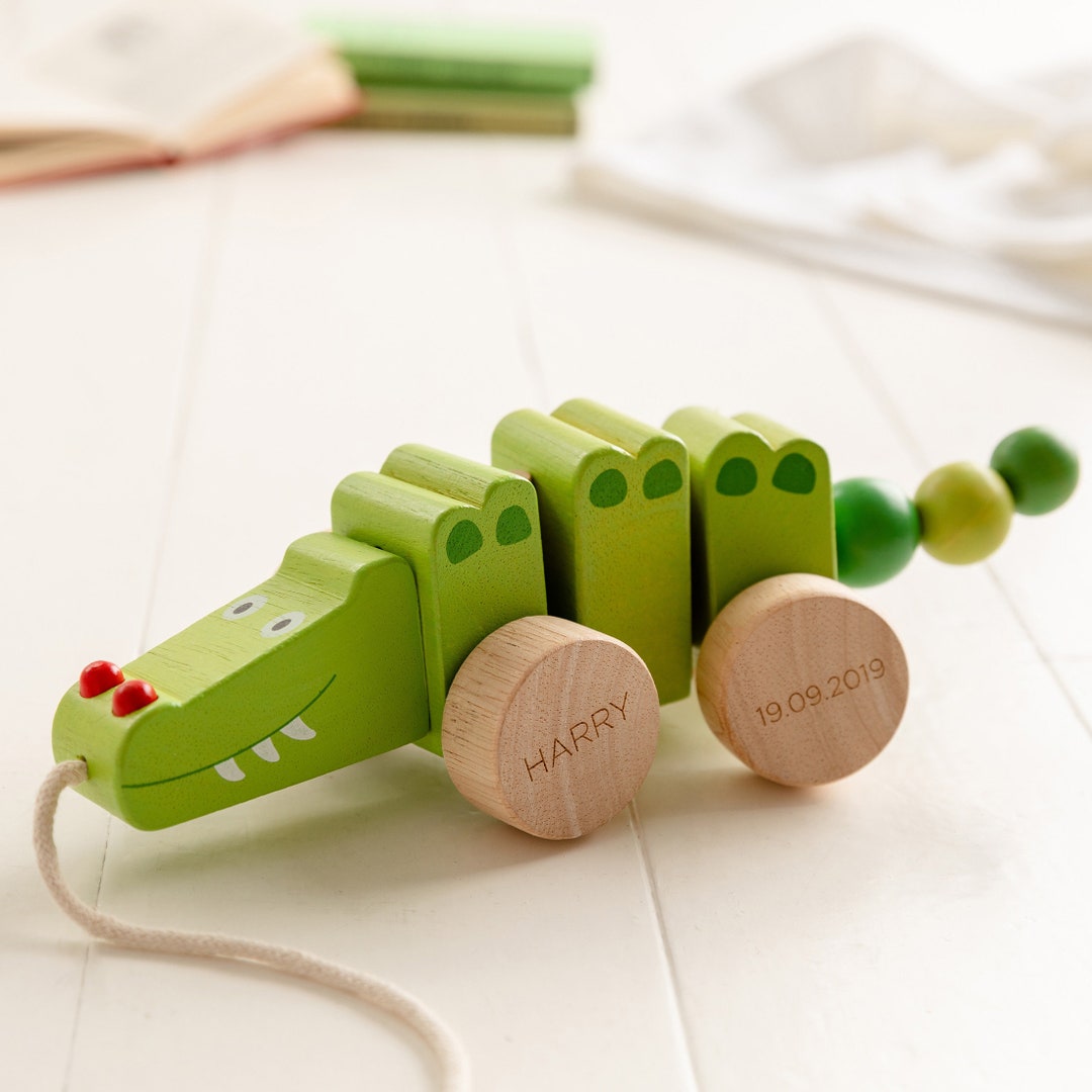 Personalised Pull Along Wooden Crocodile, Traditional Wooden Toy, Eco ...