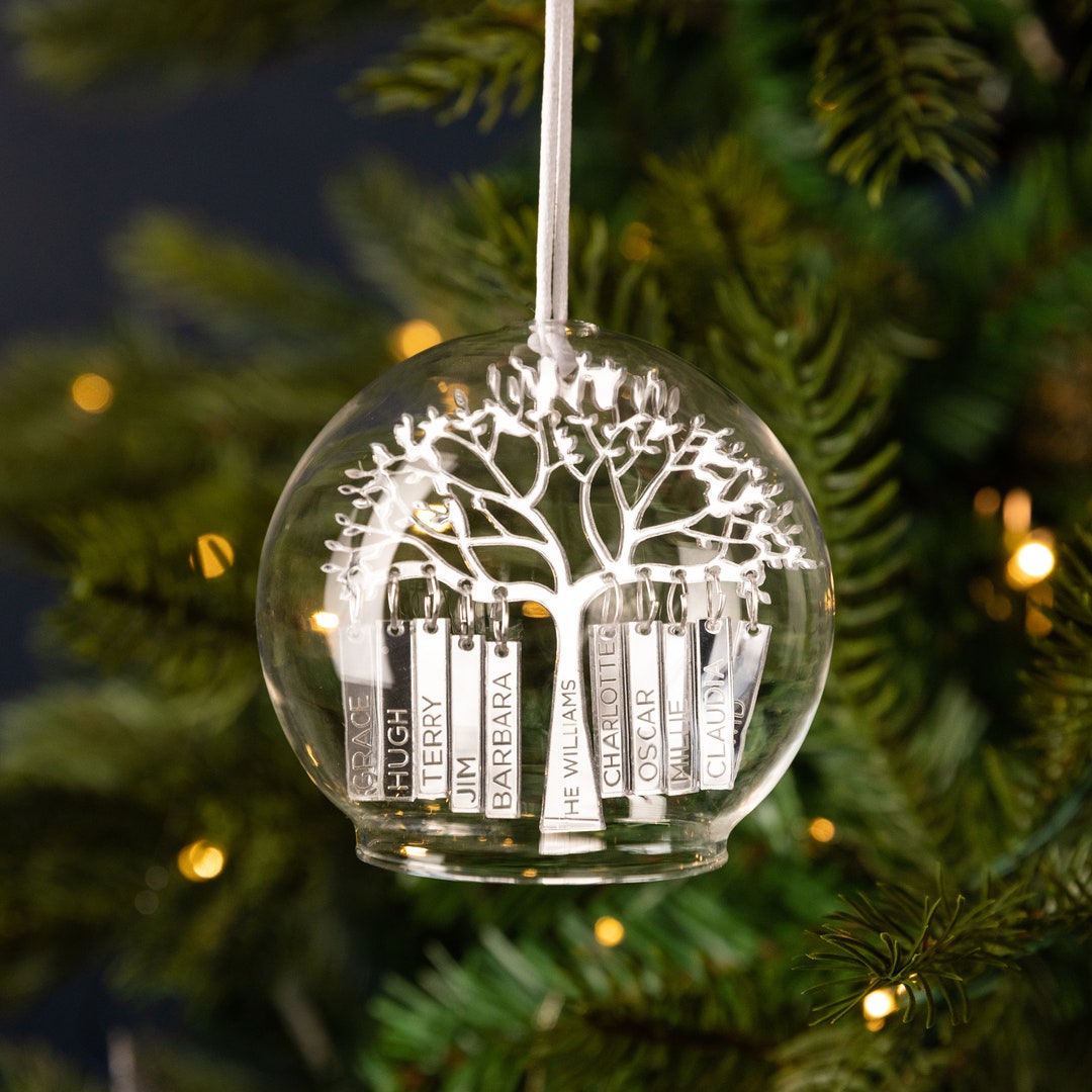 Personalised Family Tree Glass Dome Bauble With Tree Trunk, Keepsake ...