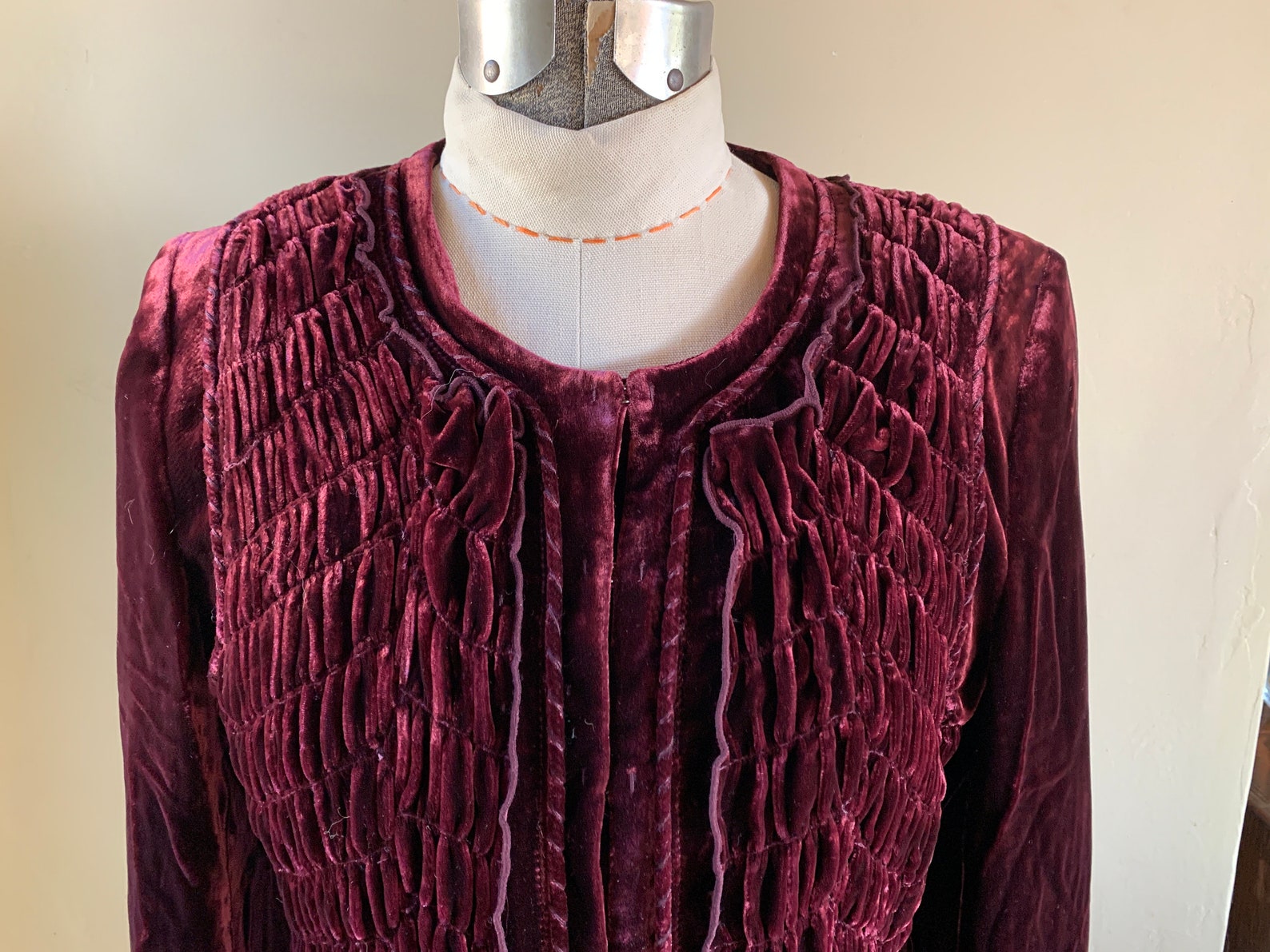 Red Burgundy Velvet Smocked Front Zip Jacket Top ELIE TAHARI Vintage - Etsy