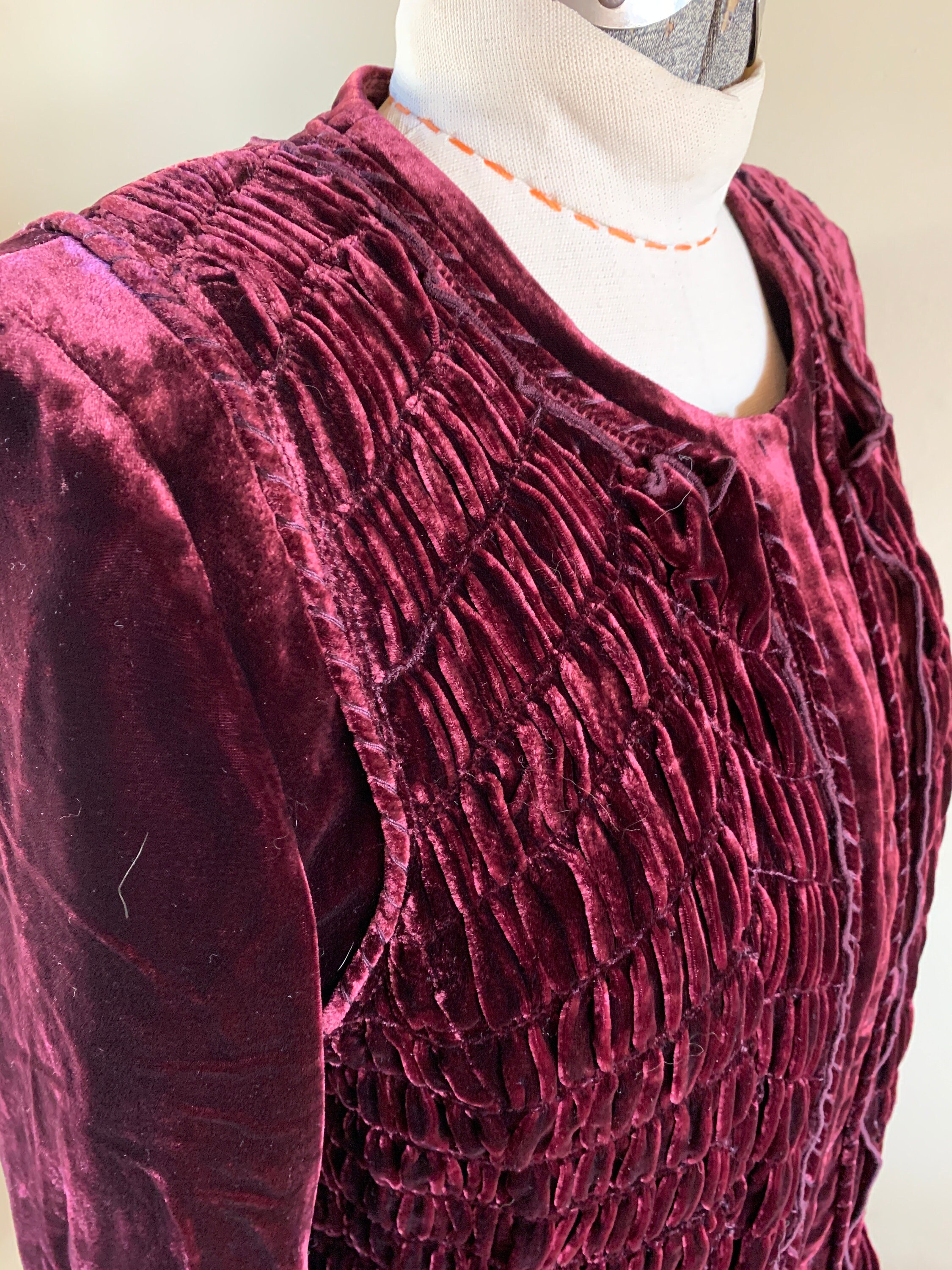 Red Burgundy Velvet Smocked Front Zip Jacket Top ELIE TAHARI Vintage - Etsy