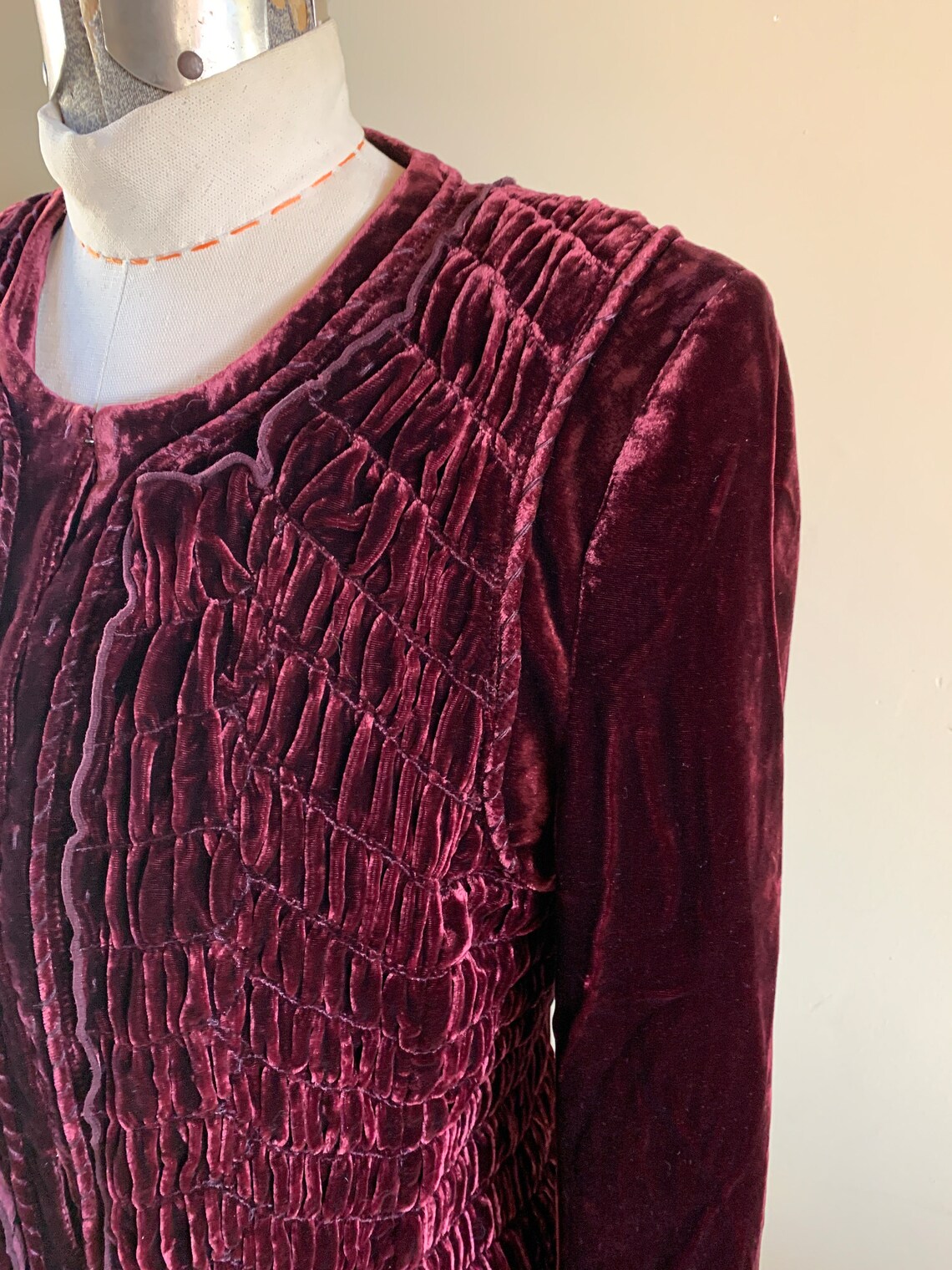 Red Burgundy Velvet Smocked Front Zip Jacket Top ELIE TAHARI Vintage - Etsy