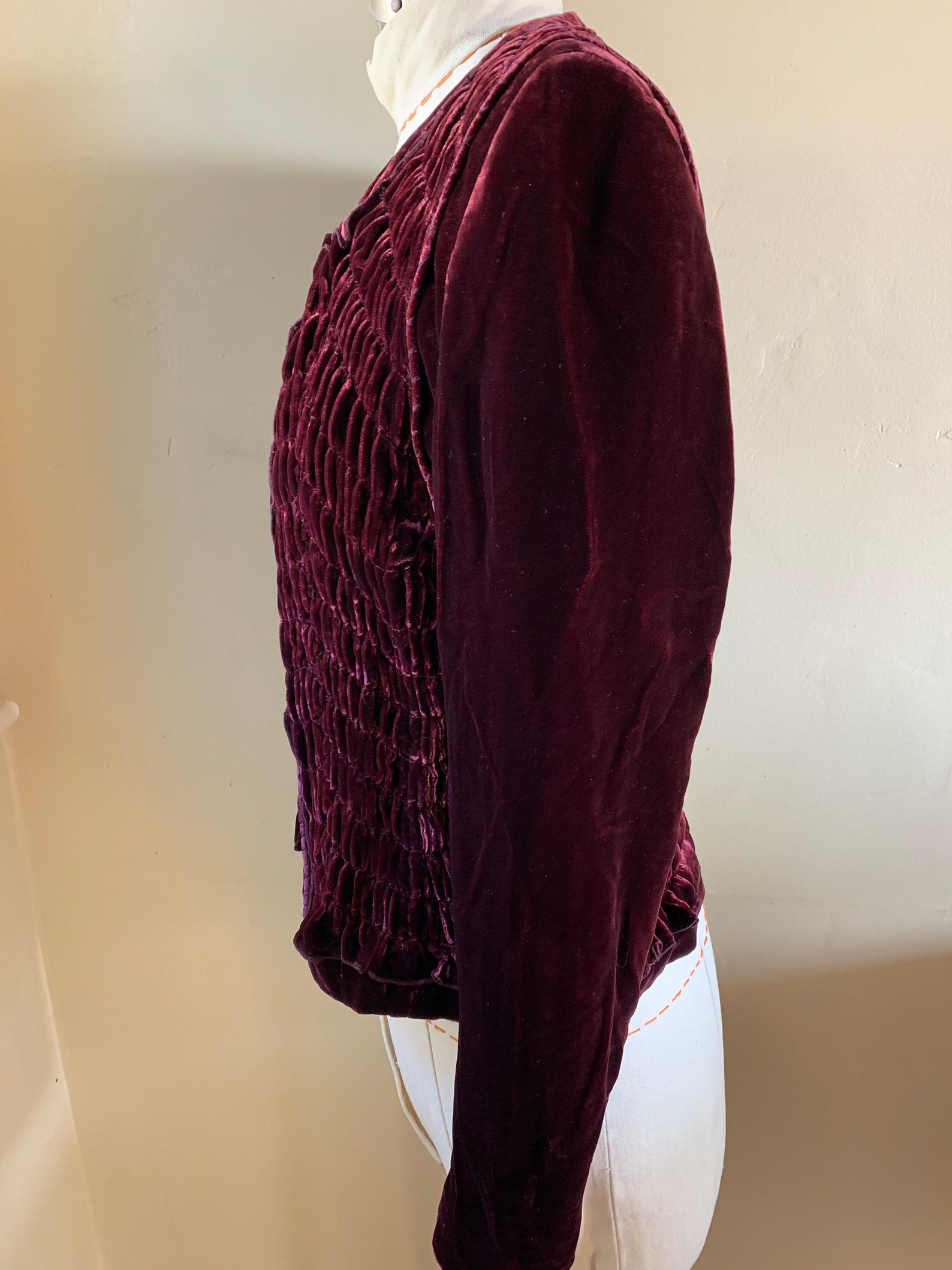 Red Burgundy Velvet Smocked Front Zip Jacket Top ELIE TAHARI Vintage - Etsy