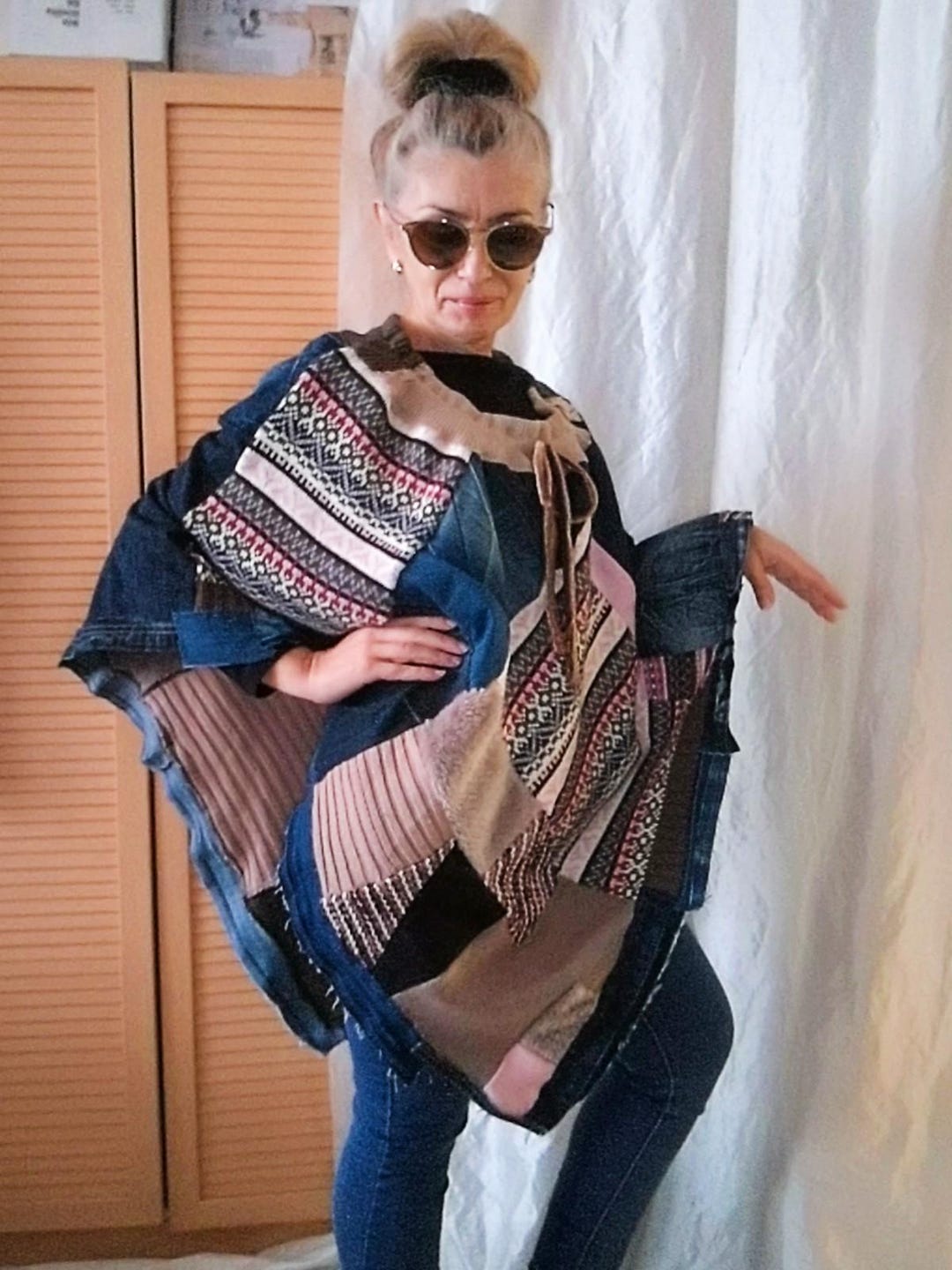Denim Poncho for Women S/XL Upcycled Patchwork Cotton Poncho Boho ...