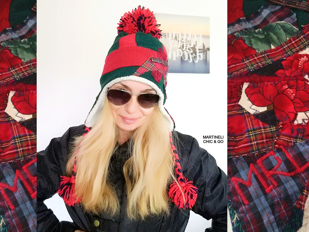 Red Pom Pom Hat for Women Patchwork Earflap Hat Wool Knit Hat Boho ...