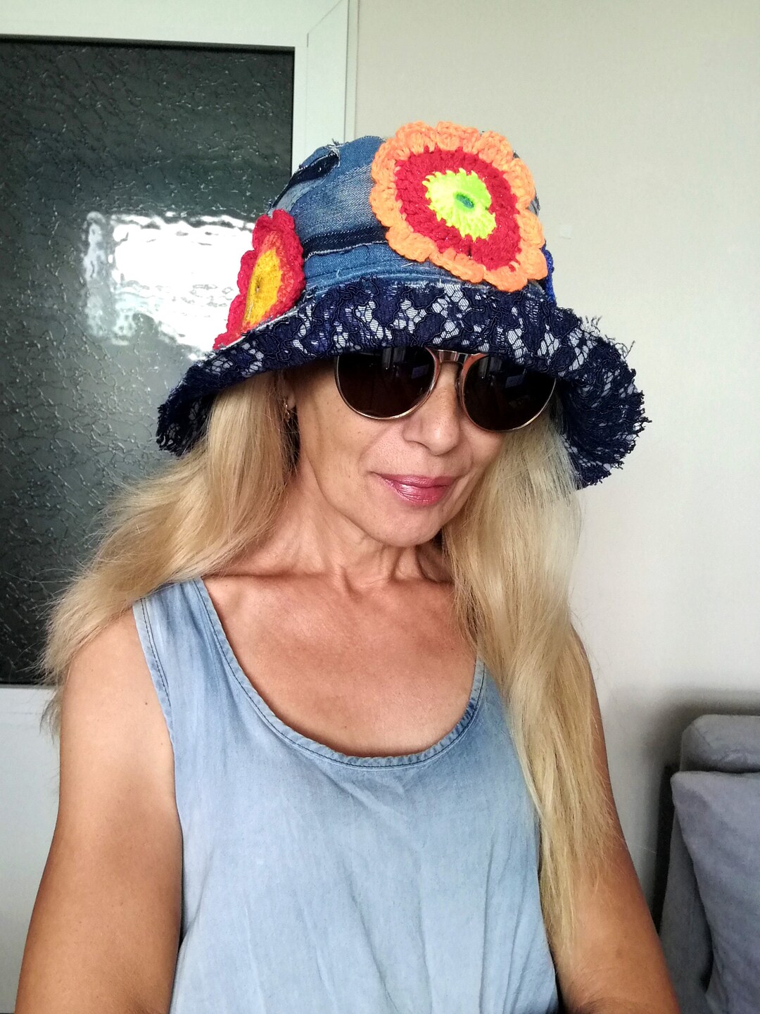 Patchwork Denim Bucket Hat 2X Boho Floral Hat Patchwork Distressed ...