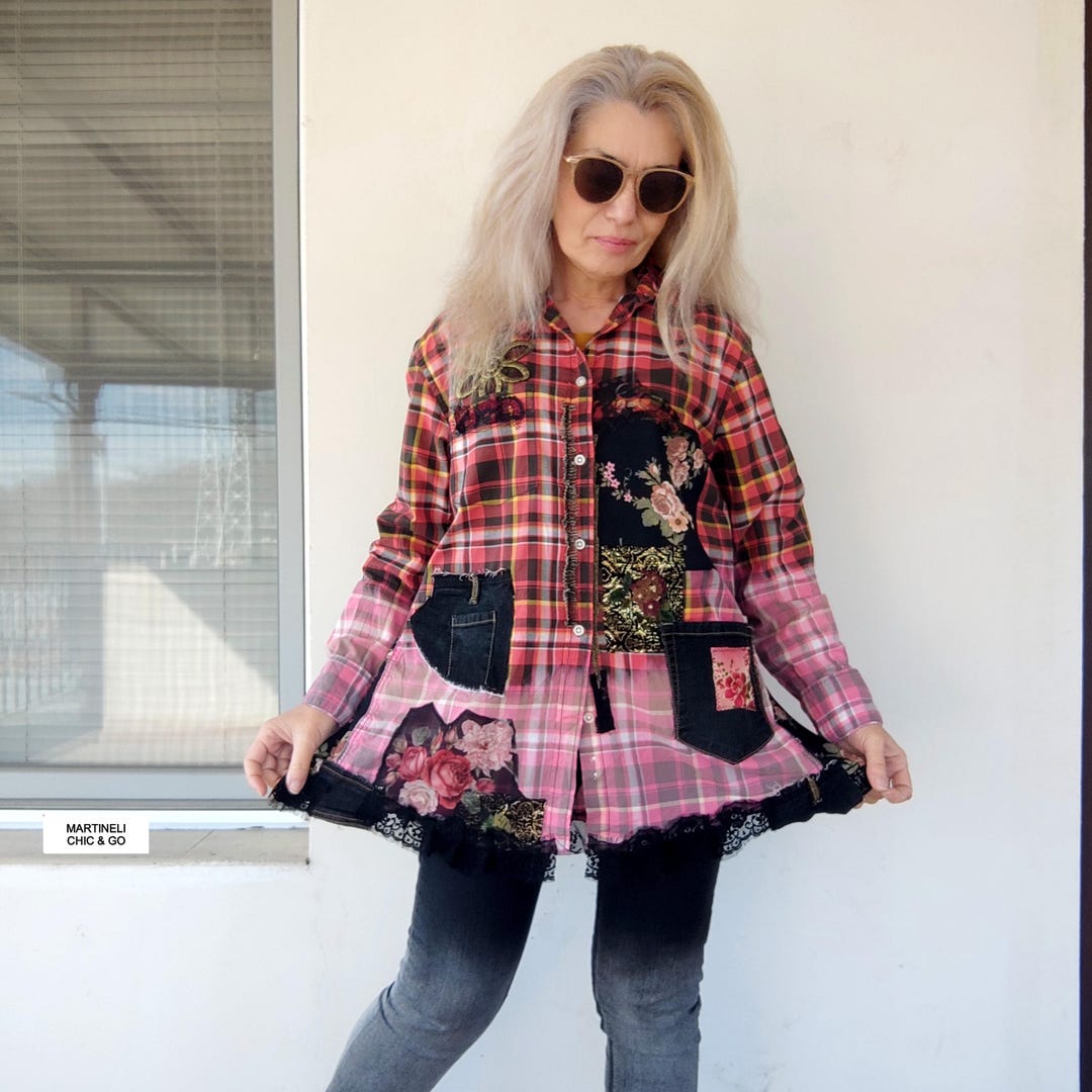 Red Plaid Shirt Dress: Suze L Boho Floral Tunic,embroidered Jean Jacket ...